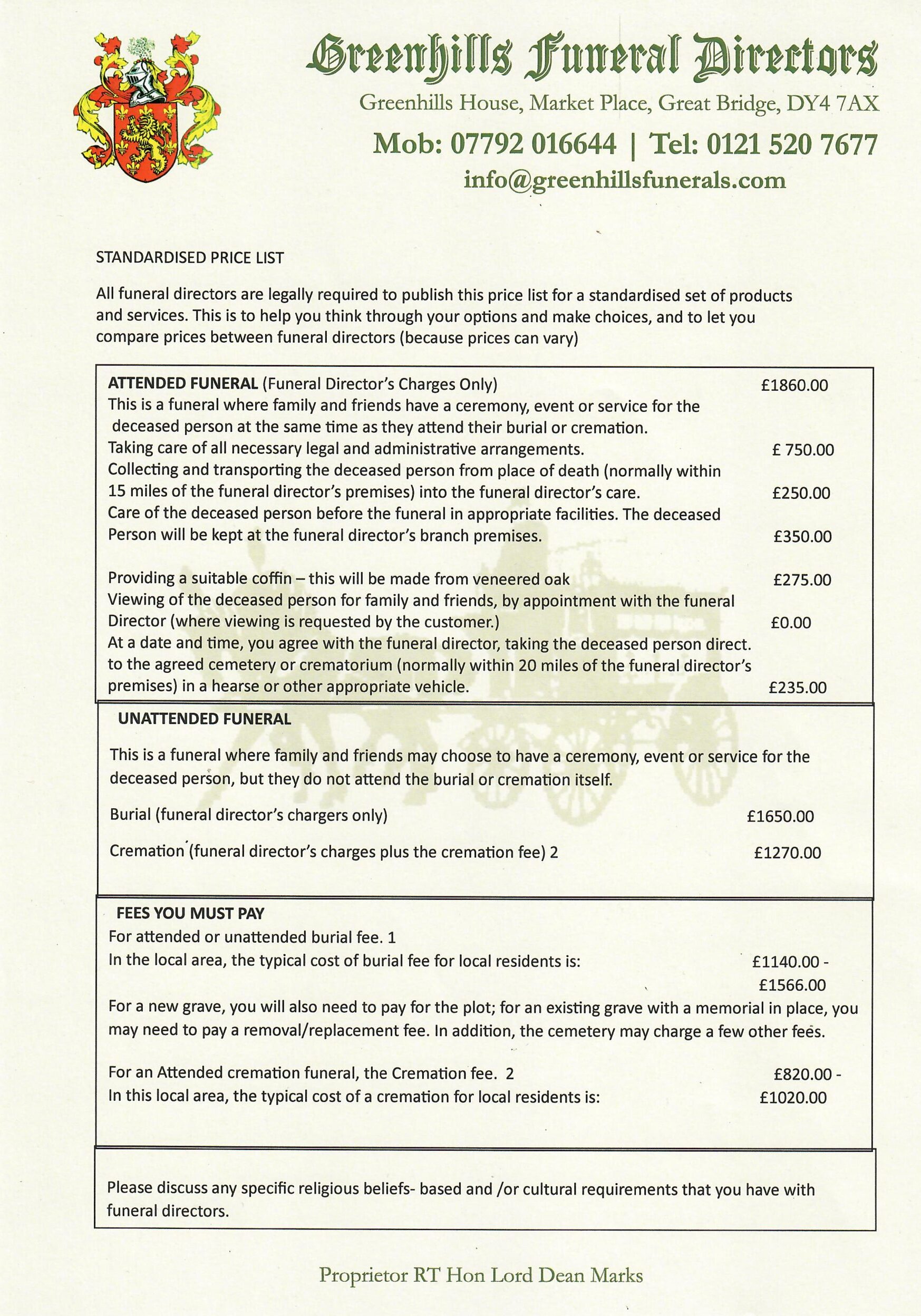 Standardised Price List - Greenhills Funeral Directors
